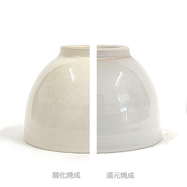 商品画像【左：還元焼成/右：酸化焼成】酸化焼成で呈色が白く、細かい貫入が入りやすい。小物向き。 焼成見本は酸化1240℃電気窯、還元1240℃ガス窯で焼成。 石灰透明釉を掛けてあります。焼成温度目安・・1150〜1250℃
