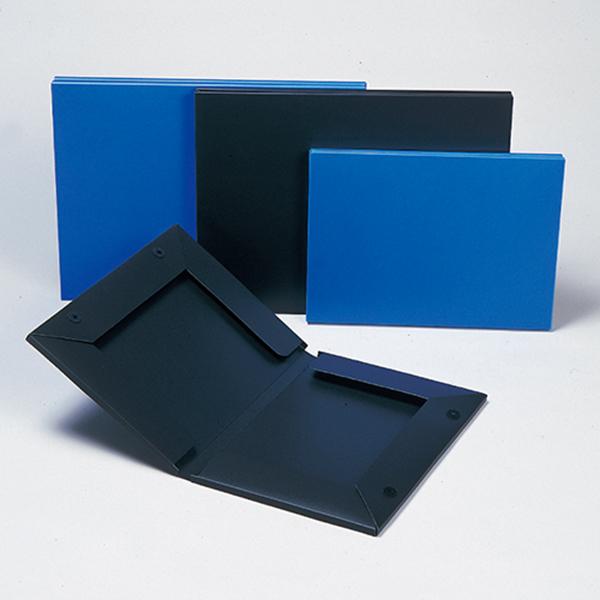 ファイル用紙を使用した紙用ケースです。止めはヒモではなく、マジックホックになっており、作品の出し入れが簡単です。持ち運びも楽で、絵具や鉛筆なども入り大変便利です。カラーは黒と明るいブルーの２色があります。サイズ：Ａ３判（寸法 315×440mm）
