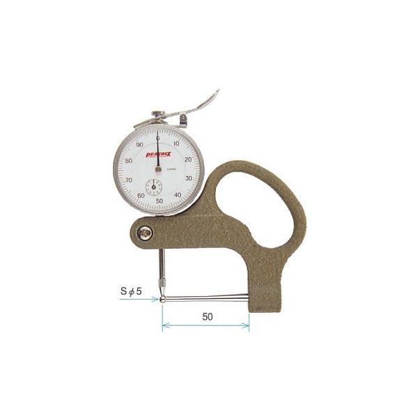 ■ダイヤルパイプゲージ P-2の特長●パイプ形状の肉厚測定や湾曲した形状ワークの厚み測定に適します。●測定子、アンビル部の特殊形状タイプも製作いたします。●目 量… 0.01mm●測定範囲…0〜15mmメーカー：尾崎製作所(PEACOCK）