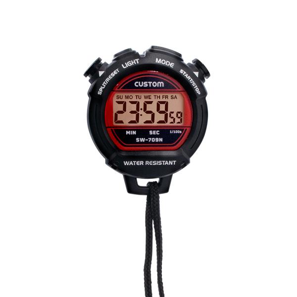 ■防滴ストップウォッチ SW-709Nの特長●IPX4準拠の防滴ストップウォッチ●大型LCDおよびELバックライトを搭載。●日付（年月日）と時刻（時分秒、12/24h表示切替可）を表示可能です。●アラーム機能、時報機能つき。●飛沫の影響を受...