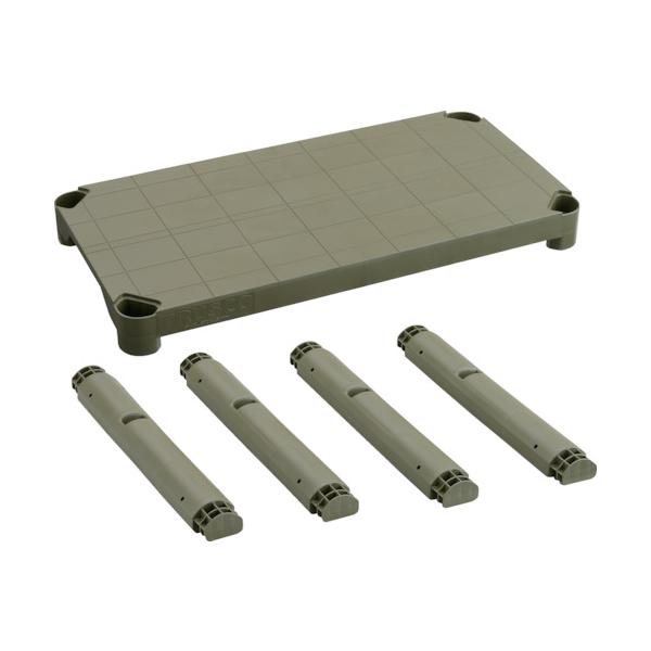 ■プラ棚用 棚板セット 棚板間隔高サ515mm用脚4本付 ツヤ消シОD TPT-344S-MODの特長●脚は棚板内にワンタッチで収納可能です●（棚1枚につき脚4本収納可能）●棚板表面にシボ加工をほどこし、荷物のズレを防止します●脚側面、棚板...