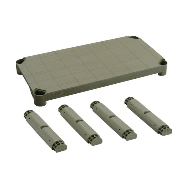■プラ棚用 棚板セット 棚板間隔高サ372mm用脚4本付 ツヤ消シОD TPT-345S-MODの特長●脚は棚板内にワンタッチで収納可能です●（棚1枚につき脚4本収納可能）●棚板表面にシボ加工をほどこし、荷物のズレを防止します●脚側面、棚板...