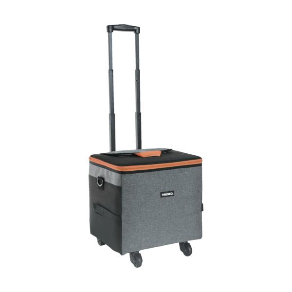 ■保冷キャリー COOLCARRYの特長●天面に簡易フタがついているため、簡単に収納物の取り出しができます●伸縮ハンドル付で操作がしやすいです●付属でショルダーベルト1本付です●飲料・食品などの保冷に●色：グレー/オレンジ●幅(mm)：36...