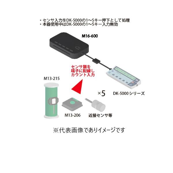 ■DK-5000用センサ入力デバイス M16-600の特長●DK-5000に外部入力端子を追加●1〜5の入力キーの替わりに外部スイッチ・近接センサ等を配線して外部入力をカウントします●入力方式：オープンコレクタ入力 / 接点入力●入力…・無...