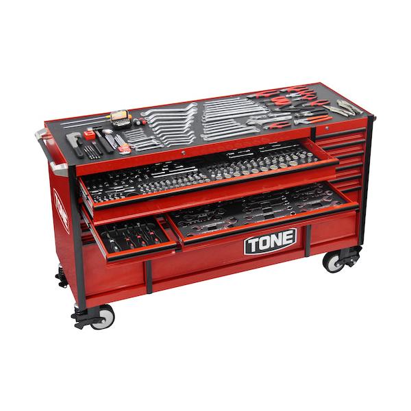 ■エクストラローラーキャビネットセット TCXT9110の特長●TONE設立85周年を記念したTONE史上最大サイズのツールセットです●内容品が全て収まるトレー付き、製品番号・サイズを表示しているので整理整頓・紛失防止に役立ちます●自動車整...