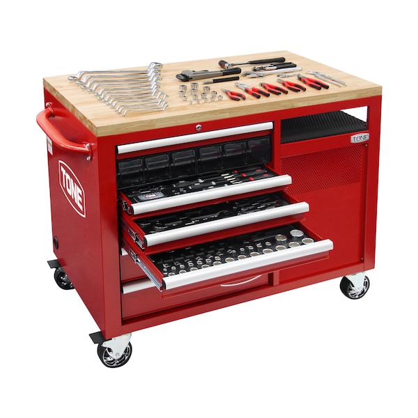 ■アイランドキャビネットセット TCXT9120の特長●新型アイランドタイプのキャビネットです●内容品が全て収まるトレー製品番号・サイズを表示しているので、整理整頓・紛失防止に役立ちます●定番工具+充実したラチェットめがね系工具の大型ツール...