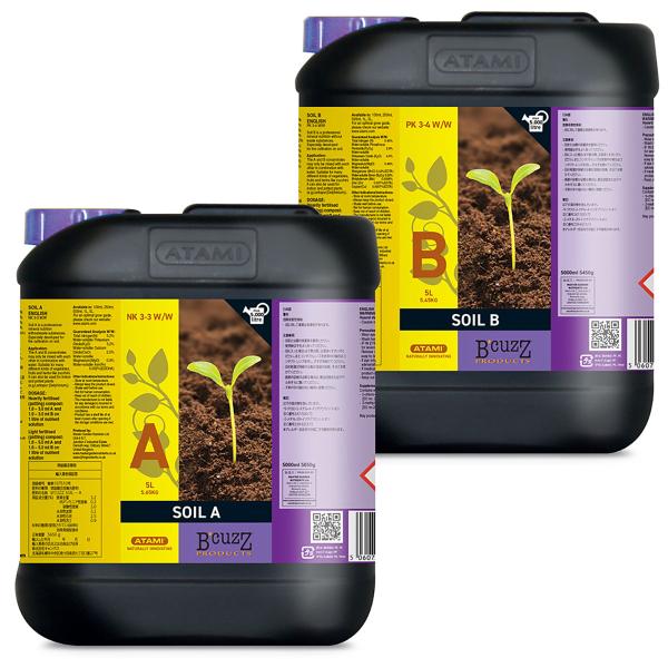 B'cuzz Soil A&amp;Bは、強くて健康な植物として成長するために必要な栄養素が含まれており、植物の一生を通して使用可能な肥料です。成長期にはA剤を少し多めに、開花期にはB剤を少し多めに投与するなど、育苗する様々な植物の成長サイ...