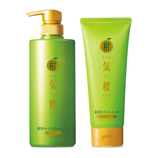 ●送料：無料（通常）お得な2ステップセット【セット内容】柑気楼 薬用モイストシャンプー プレミアム （600g）×1本柑気楼 薬用トリートメント ボリュームリッチ（200g）×1本※使用感・結果には個人差があります。