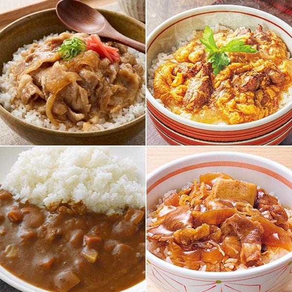 ●送料：880円（通常）常温保存OK！湯煎やレンジで温めるだけの大人気商品。●セット内容／＜豚丼の具＞120g×6食＜親子丼の具＞160g×6食＜カレー＞170g×8食＜牛すき焼き丼の具＞95g×6食●賞味期限／製造日から常温1年●加工地／...
