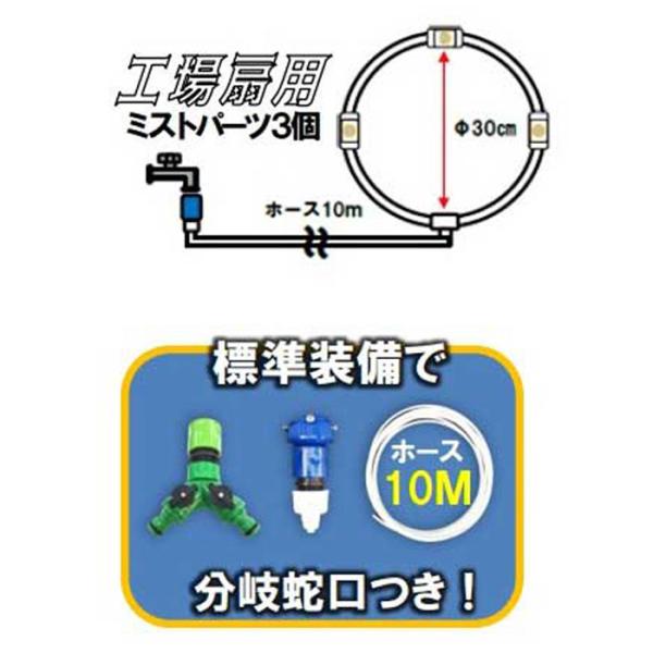 ・簡単装着タイプのウォーターミスト。・一般の扇風機にも取り付け可能。現在お持ちの工場扇に簡単に取り付けられます。・ミスト3個仕様 全長約10.3m、つまみ回転式です。[ファン径]45cm ABS[電圧]100V[首振角度]左右40度、上下1...