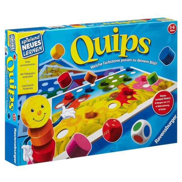 クイップスはラベンスバーガー社（ドイツ）が販売している、小さな子どもが色と数を学べるボードゲームです。主に3歳くらいの子ども向けのボードゲームです。色と数の概念を遊びながら学ぶことができます。【遊び方】サイコロを振る：色と数（1〜3）のサイ...