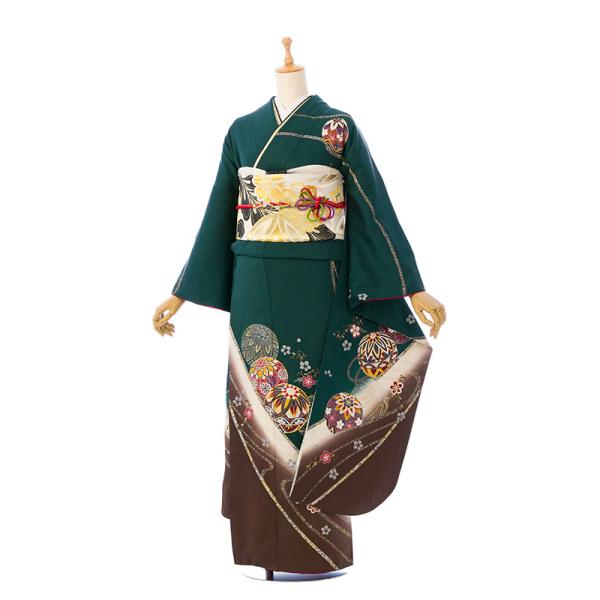 2月〜12月【振袖レンタル】■対応身長:153〜165cmくらい■洋服サイズ:7〜13号くらい■身丈:約166cm　裄:約68cm　袖丈:約107cm  ■前幅:約24.5cm　後幅:約30.5cm■色/柄:グリーン　茶色ぼかし　手鞠　金彩...