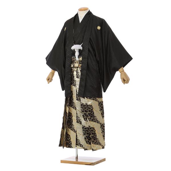 成人式・卒業式　男性袴フルセットレンタル■対応身長　160〜165cm前後■標準ウエスト　60〜100cmまで■サイズ　（約）羽織・着丈:約88 裄丈:約72 袖丈:約52 袴丈:約88（cm）■色柄　羽織/着物:黒地大菱形|袴:黒金桜流水...