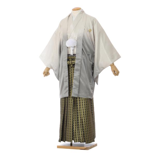 成人式・卒業式　男性袴フルセットレンタル■対応身長　170〜175cm前後■標準ウエスト　60〜100cmまで■サイズ　（約）羽織・着丈:94 裄丈:75 袖丈:54 袴丈:92（cm）■色柄　羽織/着物:グレージュ地 袴:緑黄菱形縞袴■生...
