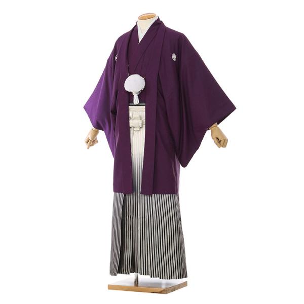 成人式・卒業式　男性袴フルセットレンタル■対応身長　165〜170cm前後■標準ウエスト　60〜100cmまで■サイズ　（約）羽織・着丈:約96 裄丈:約73 袖丈:約54 袴丈:約91（cm）■色柄　羽織/着物:山本寛斉紫|袴:白ぼかし黒...