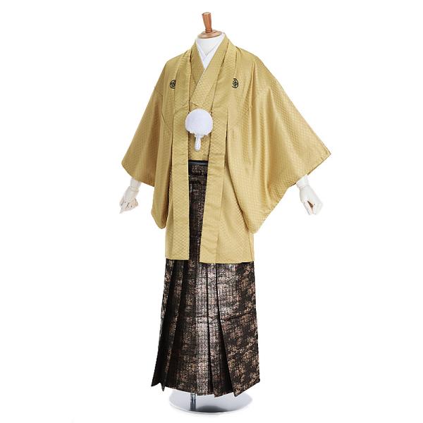 成人式・卒業式　男性袴フルセットレンタル■対応身長　160〜165cm前後■標準ウエスト　60〜100cmまで■サイズ　（約）羽織・着丈:約90 裄丈:約73 袖丈:約51.5 袴丈:約89（cm）■色柄　羽織/着物:からし菱形|袴:茶袴 ...