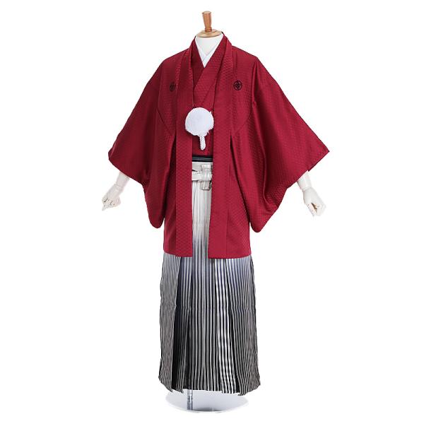 成人式・卒業式　男性袴フルセットレンタル■対応身長　155〜160cm前後■標準ウエスト　60〜100cmまで■サイズ　（約）羽織・着丈:約87 裄丈:約71 袖丈:約52 袴丈:約87（cm）■色柄　羽織/着物:エンジ菱形|袴:白黒縞袴■...