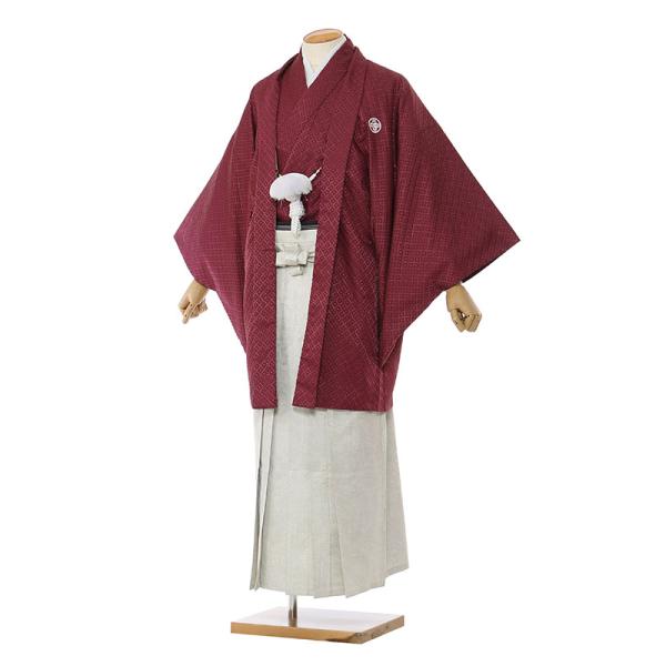 成人式・卒業式　男性袴フルセットレンタル■対応身長　165〜170cm前後■標準ウエスト　60〜100cmまで■サイズ　（約）羽織・着丈:約94 裄丈:約75 袖丈:約53 袴丈:約90（cm）■色柄　羽織/着物:エンジ金ラメ入刺子|袴:銀...