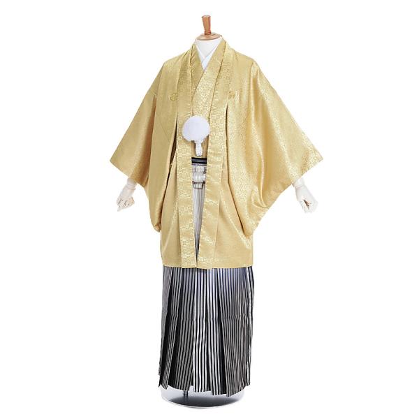 成人式・卒業式　男性袴フルセットレンタル■対応身長　160〜165cm前後■標準ウエスト　60〜100cmまで■サイズ　（約）羽織・着丈:約93 裄丈:約73 袖丈:約54 袴丈:約89（cm）■色柄　羽織/着物:からし市松宝尽くし|袴:白...
