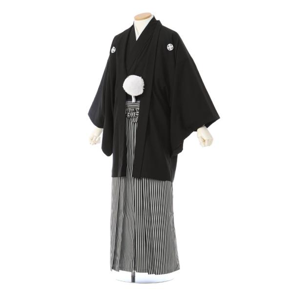 成人式・卒業式　男性袴フルセットレンタル■対応身長　160〜165cm前後■標準ウエスト　60〜100cmまで■サイズ　（約）羽織・着丈:約93 裄丈:約73 袖丈:約54 袴丈:約89（cm）■色柄　羽織/着物:黒紋付(地模様無)すり込み...