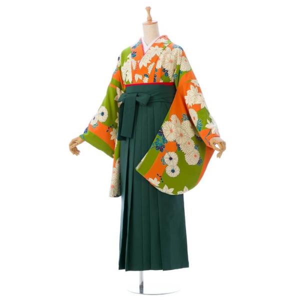 ☆卒業袴　レンタルセット☆九重ブランド　R035_E-H032-26-2【対応身長・洋服サイズ】■草履使用:163〜168cm前後　■洋服サイズ：7号〜13号くらいまで■裄:約70cm　袴丈:約99cm■色/柄  着物:九重　抹茶×オレンジ...