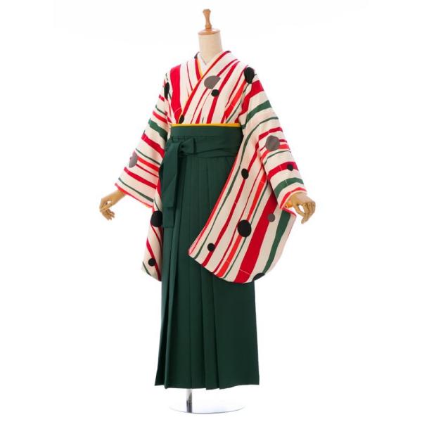 ☆卒業袴　レンタルセット☆R0107_E-H032-25-6【対応身長・洋服サイズ】■草履使用:158〜163cm前後　■洋服サイズ：7号〜13号くらいまで■裄:約68cm　袴丈:約95cm■色/柄　着物:白赤地 縞にドット　袴:グリーン地...