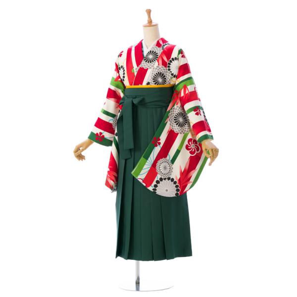 ☆卒業袴　レンタルセット☆R0110_E-H032-23-5【対応身長・サイズ】■草履使用:148〜153cm前後　■洋服サイズ：7号〜13号くらいまで■裄:約68cm　袴丈:約87cm■色/柄　着物:白地 縞 華紋  袴：グリーン系■表地...