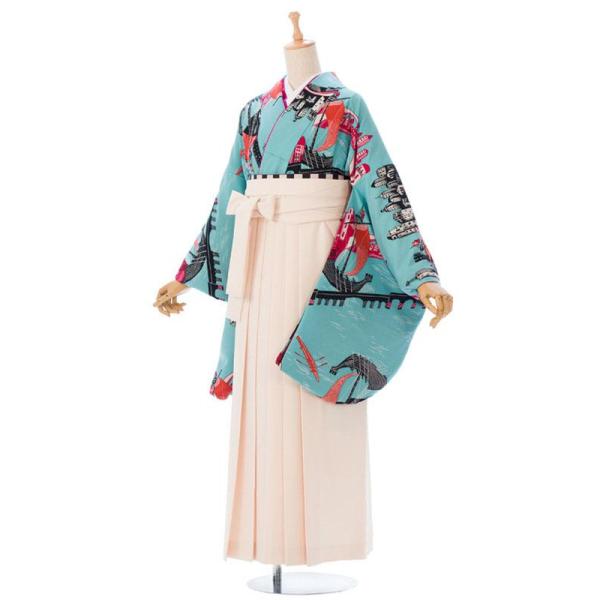 ☆卒業袴　レンタルセット☆ブランド【岡重】古代ローマ調ガレー船R0118_H157-25-8【対応身長・サイズ】■草履使用:158〜163cm前後　■洋服サイズ：7号〜13号くらいまで■裄:約68cm　袴丈:約95cm■色/柄　着物：水色地...