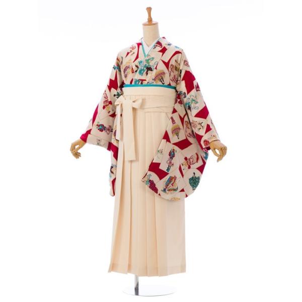 ☆卒業袴　レンタルセット☆R0119_H157-26-5【対応身長・洋服サイズ】■草履使用:162〜165cm前後■洋服サイズ：7号〜13号くらいまで■裄:約68cm　袴丈:約99cm■色/柄　着物：赤地 貴婦人　袴：クリーム地 ■表地　着...