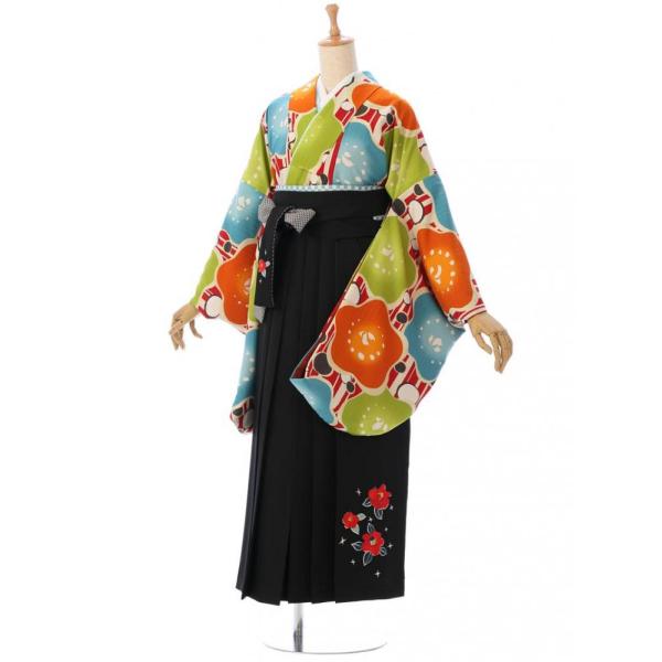 ☆卒業袴　レンタルセット☆☆大梅と赤の縞 R0126_H128-24-2【対応身長・洋服サイズ】■草履使用:153〜158cm前後　■洋服サイズ：7号〜13号くらいまで■裄:約68cm　袴丈:約91cm■色/柄　着物：多色地　袴：黒　椿刺繍...