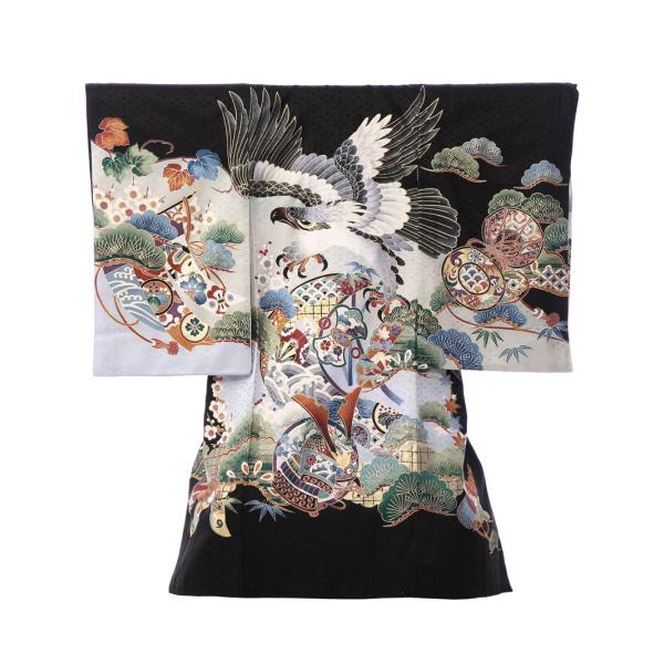 〔産着レンタル〕フルセット！親子割対応産着　男の子　■色/柄　 黒地　グレー染め分け　鷹　松竹梅　鼓　縁起物　■生地　　表地：正絹　裏地：ポリエステル■付属品　　着物＋長襦袢、帽子、よだれかけ、お守り簡単な着せ方のマニュアル※小物類の色柄形...