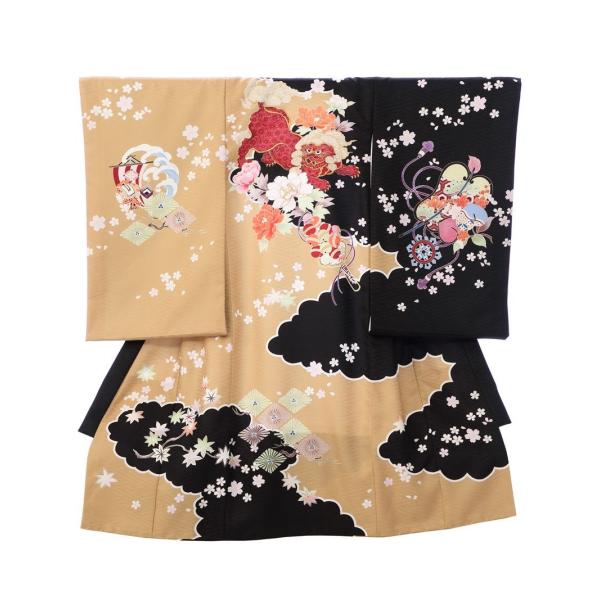 〔産着レンタル〕フルセット産着　男の子　■色/柄　 黒×金茶染め分け　唐獅子牡丹　桜楓　縁起物　■生地　　表地：ポリエステル　裏地：ポリエステル■付属品　　着物＋長襦袢、帽子、よだれかけ、お守り簡単な着せ方のマニュアル※小物類の色柄形は、e...