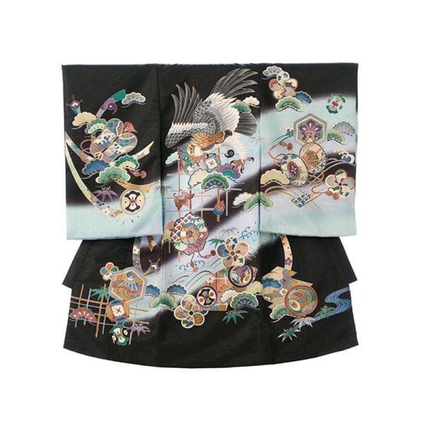 〔産着レンタル〕フルセット！■色/柄 　 黒地ぼかし　鷹に宝船　古典吉祥文様■生地　　表地:ポリエステル　裏地:ポリエステル■付属品　　着物＋長襦袢、帽子、よだれかけ、お守り簡単な着せ方のマニュアル※小物類の色柄形は、e-きものレンタルスタ...