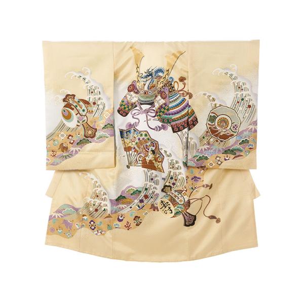 〔産着レンタル〕フルセット！■色/柄 　 クリームイエロー 龍兜 扇に波■生地　　表地:化繊　裏地:化繊■付属品　　着物＋長襦袢、帽子、よだれかけ、お守り簡単な着せ方のマニュアル※小物類の色柄形は、e-きものレンタルスタッフがコーディネート...