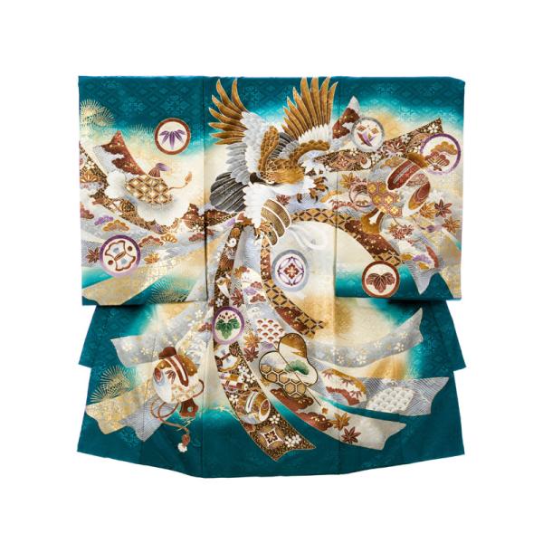 〔男児 産着レンタル〕フルセット■色/柄  グリーンぼかし地 鷹 束ね熨斗■表地:化繊　裏地:化繊■付属品　　着物＋長襦袢、帽子、よだれかけ、お守り簡単な着せ方のマニュアル※小物類の色柄形は、e-きものレンタルスタッフがコーディネートさせて...