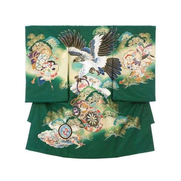 〔男児 産着レンタル〕フルセット■色/柄  深緑地　鷹　刺繍入り■生地　化繊■付属品　　着物＋長襦袢、帽子、よだれかけ、お守り簡単な着せ方のマニュアル※小物類の色柄形は、e-きものレンタルスタッフがコーディネートさせていただきます。※202...