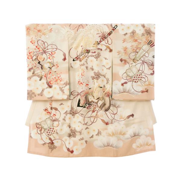 〔男児 産着レンタル〕フルセット■色/柄  華徒然　ピンクベージュ　兜に鷹　松梅菊■表地:化繊　裏地:化繊■付属品　　着物＋長襦袢、帽子、よだれかけ、お守り簡単な着せ方のマニュアル※小物類の色柄形は、e-きものレンタルスタッフがコーディネー...