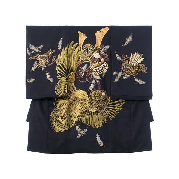 〔男児 産着レンタル〕フルセット■色/柄  濃紺　鷹に兜　金彩■生地　化繊■付属品　　着物＋長襦袢、帽子、よだれかけ、お守り簡単な着せ方のマニュアル※小物類の色柄形は、e-きものレンタルスタッフがコーディネートさせていただきます。※2023...