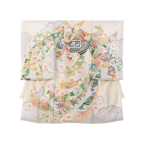 〔男児 産着レンタル〕フルセット■色/柄  クリーム白　兜　熨斗目に四季花　吉祥文様■生地　化繊■付属品　　着物＋長襦袢、帽子、よだれかけ、お守り簡単な着せ方のマニュアル※小物類の色柄形は、e-きものレンタルスタッフがコーディネートさせてい...