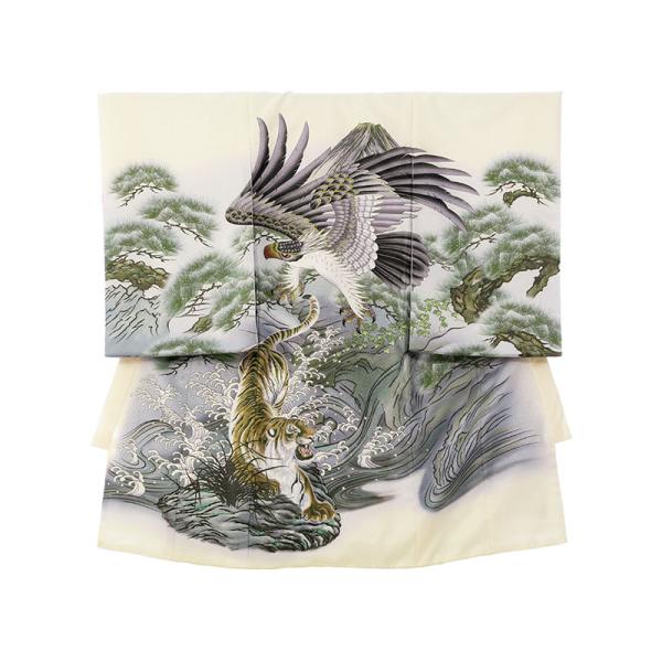 〔男児 産着レンタル〕フルセット■色/柄  白地　虎に鷹■生地　化繊■付属品　　着物＋長襦袢、帽子、よだれかけ、お守り簡単な着せ方のマニュアル※小物類の色柄形は、e-きものレンタルスタッフがコーディネートさせていただきます。※2023年6月...