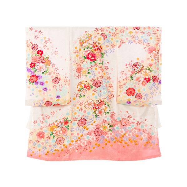 〔産着レンタル〕フルセット■色/柄　  白地　鞠に彩花■生地　　表地：正絹　裏地：化繊■付属品　　着物＋長襦袢、帽子、よだれかけ、お守り簡単な着せ方のマニュアル※小物類の色柄形は、e-きものレンタルスタッフがコーディネートさせていただきます...