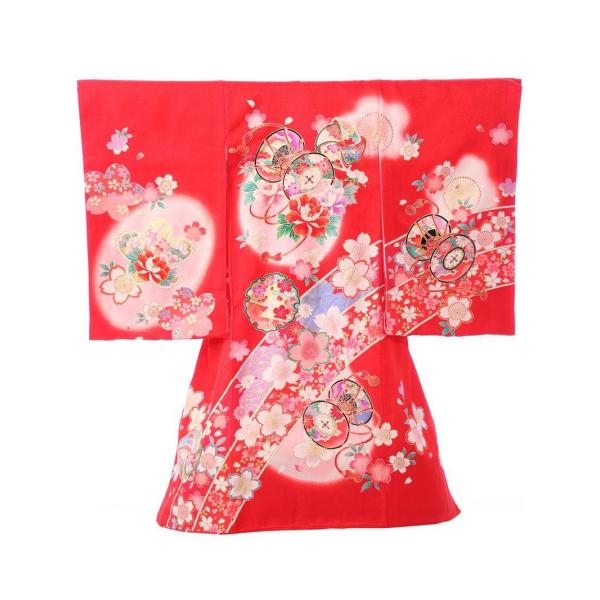 〔産着レンタル〕フルセット■色/柄　 赤地　雪輪に花鼓　桜　箔■生地　　表地：正絹　裏地：ポリエステル■付属品　　着物＋長襦袢、帽子、よだれかけ、お守り簡単な着せ方のマニュアル※小物類の色柄形は、e-きものレンタルスタッフがコーディネートさ...