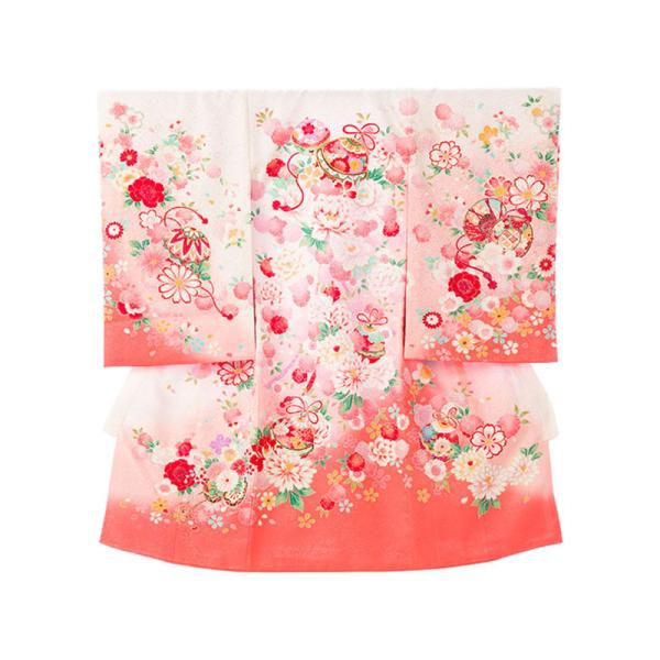 〔産着レンタル〕フルセット■色/柄　  白×サーモンピンク　牡丹桜に鈴鼓■生地　　表地：正絹　裏地：化繊■付属品　　着物＋長襦袢、帽子、よだれかけ、お守り簡単な着せ方のマニュアル※小物類の色柄形は、e-きものレンタルスタッフがコーディネート...