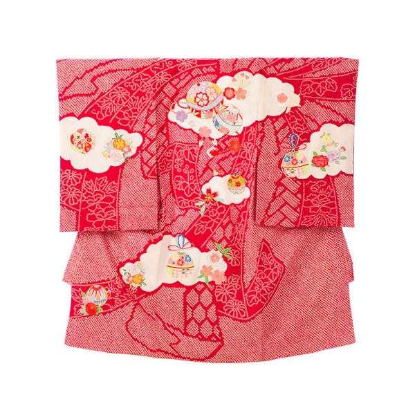 〔産着レンタル〕フルセット■色/柄　  赤地 総絞り 鞠に牡丹 桜梅刺繍 雲取り■生地　　表地：正絹　裏地：化繊■付属品　　着物＋長襦袢、帽子、よだれかけ、お守り簡単な着せ方のマニュアル※小物類の色柄形は、e-きものレンタルスタッフがコーデ...