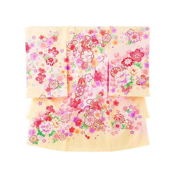 〔産着レンタル〕フルセット■色/柄　  黄色地 桜地紋 鼓 鞠に百花■生地　　表地：正絹   裏地：化繊■付属品　　着物＋長襦袢、帽子、よだれかけ、お守り簡単な着せ方のマニュアル※小物類の色柄形は、e-きものレンタルスタッフがコーディネート...