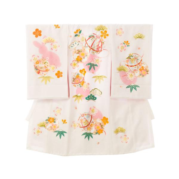 〔産着レンタル〕フルセット特選 高級正絹 産着女の子伝統工芸品　認証あり■色/柄　  白　鞠　うさぎ　金彩■生地　　表地：正絹　裏地：化繊■付属品　　着物＋長襦袢、帽子、よだれかけ、お守り簡単な着せ方のマニュアル※小物類の色柄形は、e-きも...