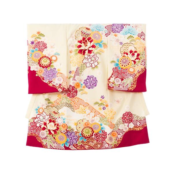 〔産着レンタル〕フルセット■色/柄　  黄色/赤　疋田　雪輪に四季花■生地　　表地：化繊　裏地：化繊■付属品　　着物＋長襦袢、帽子、よだれかけ、お守り簡単な着せ方のマニュアル※小物類の色柄形は、e-きものレンタルスタッフがコーディネートさせ...