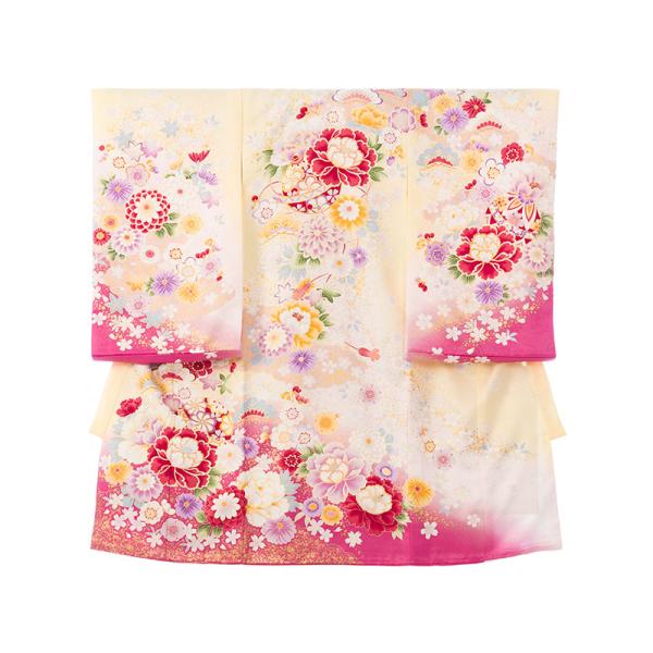 〔産着レンタル〕フルセット■色/柄　  クリーム/ピンクぼかし　鞠に四季花　金彩■生地　　表地：化繊　裏地：化繊■付属品　　着物＋長襦袢、帽子、よだれかけ、お守り簡単な着せ方のマニュアル※小物類の色柄形は、e-きものレンタルスタッフがコーデ...