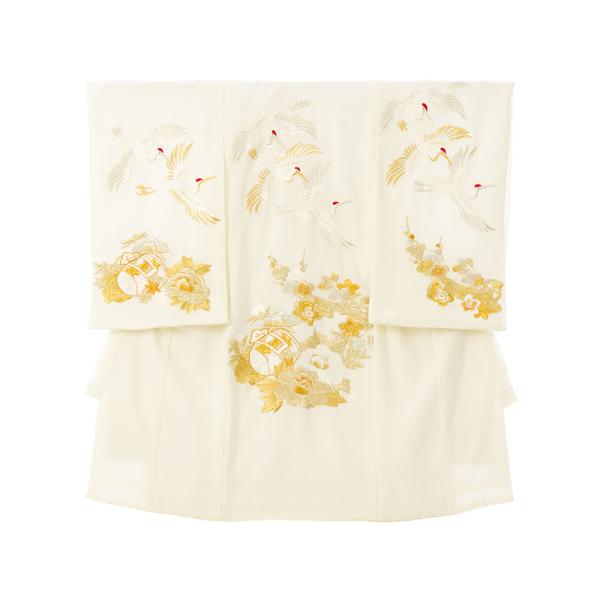 〔産着レンタル〕フルセット■色/柄　  クリーム白　ちりめん　金銀牡丹に小槌■生地　　表地：化繊　裏地：化繊■付属品　　着物＋長襦袢、帽子、よだれかけ、お守り簡単な着せ方のマニュアル※小物類の色柄形は、e-きものレンタルスタッフがコーディネ...