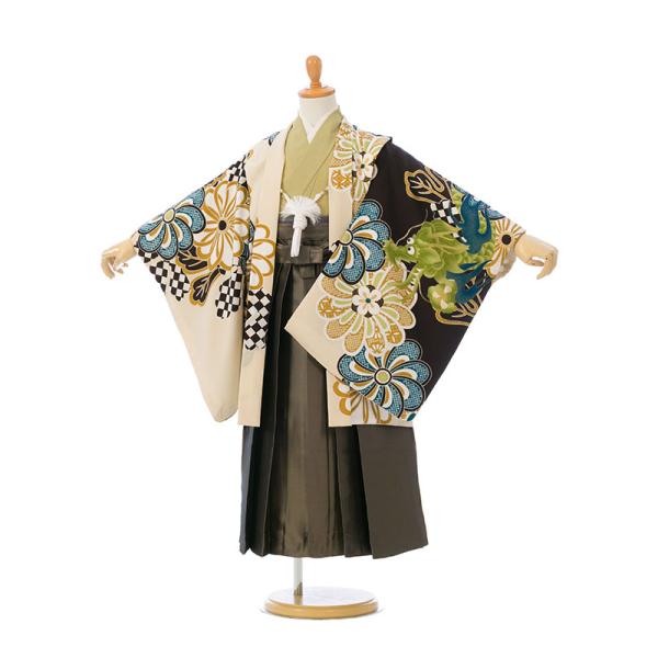 七五三レンタル　男児5才ぷちぷり　ブランド羽織:クリーム地　昇り龍　ねじり梅着物:抹茶袴:メタルブラウン■対応身長:105〜115cm■サイズ:（約）羽織丈:64 裄丈:48 袖丈:57 袴丈:57（cm）■生地:化繊<付属品　七五三...